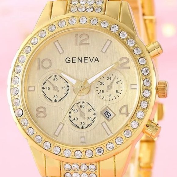 Geneva | Accessories | Gold Floating Crystal Calendar Geneva Ss Watch ...